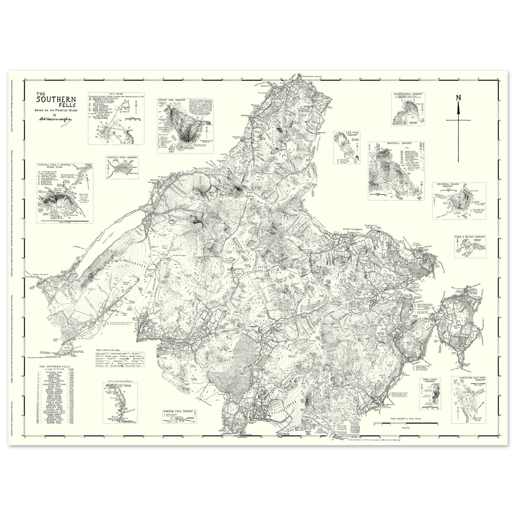 The Southern Fells (Ivory & Black) - 80x60 cm / 32x24″ – Wainwright Maps
